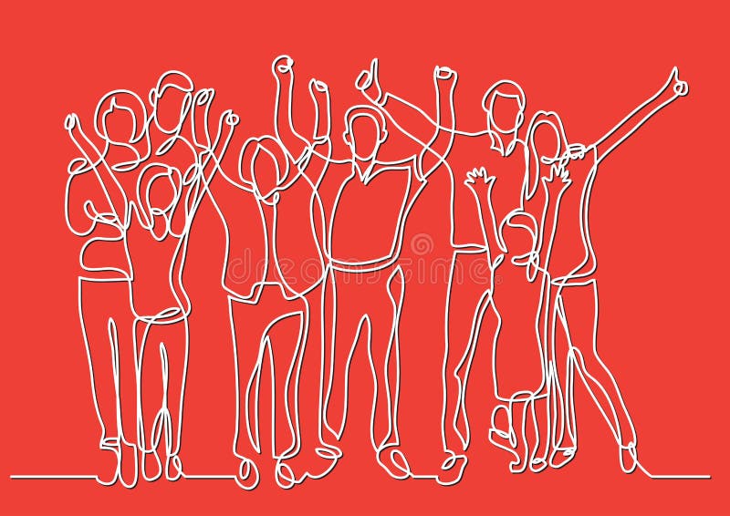 Continuous Line Drawing of Happy Big Family Cheering Stock Vector ...