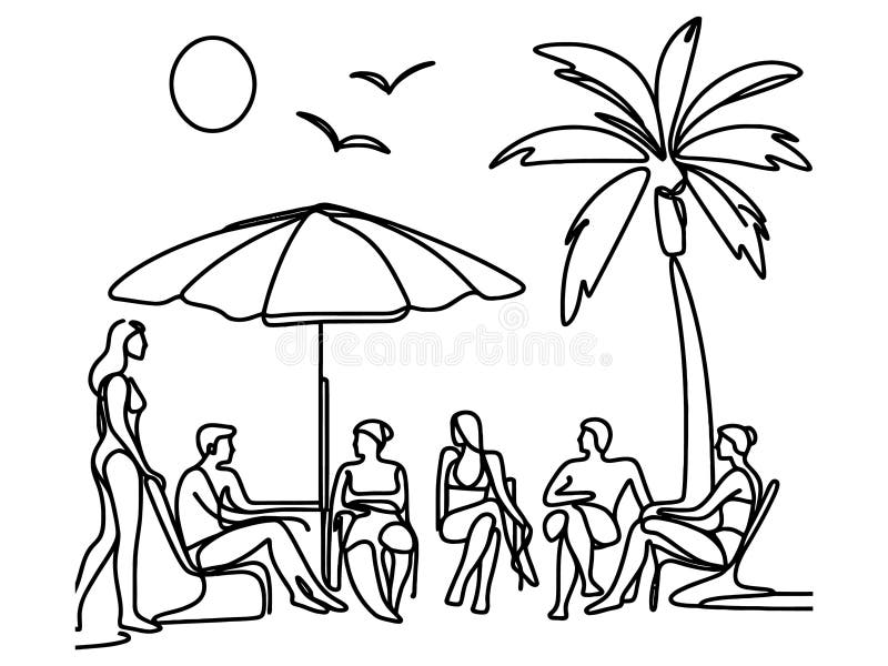 Continuous Line Drawing of Happy Group of Friends on Beach. Stock ...