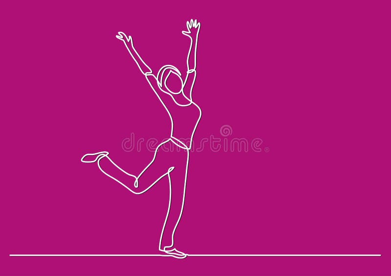 Continuous Line Drawing Of Happy Woman Raising Hands Stock Vector ...