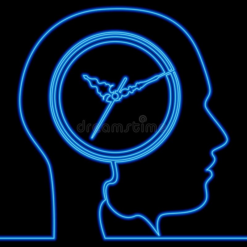 Continuous Line Drawing Head with Clock Icon Neon Stock Vector ...