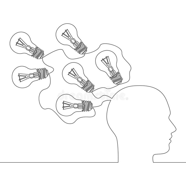 Continuous Line Drawing Head with Lots of Ideas Multiple Light Bulb ...