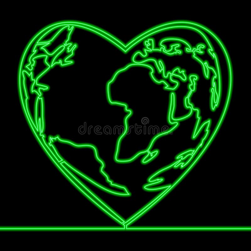 Continuous Line Drawing Heart Shape Earth Icon Neon Glow Vector ...