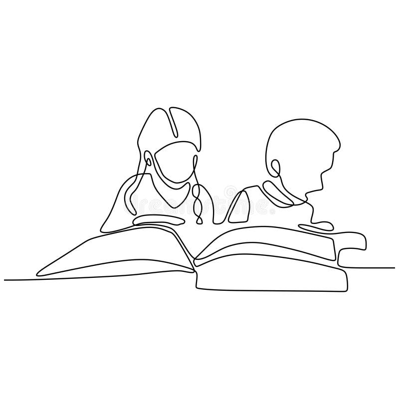 Kids Read Book One Line Drawing. Teenager Study Education Theme ...