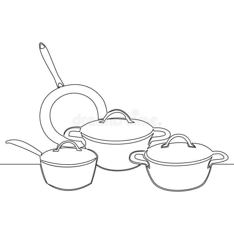 Continuous Line Drawing Kitchen Utensils, Pots and Pans Icon Vector ...