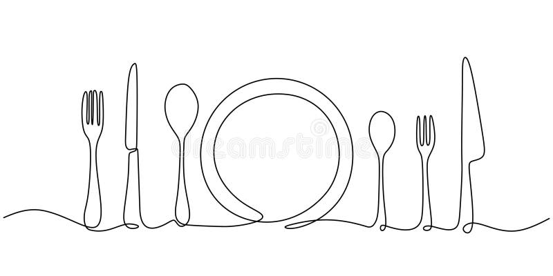 Continuous Line Drawing of Knifes, Spoons, Forks and Plate on White ...