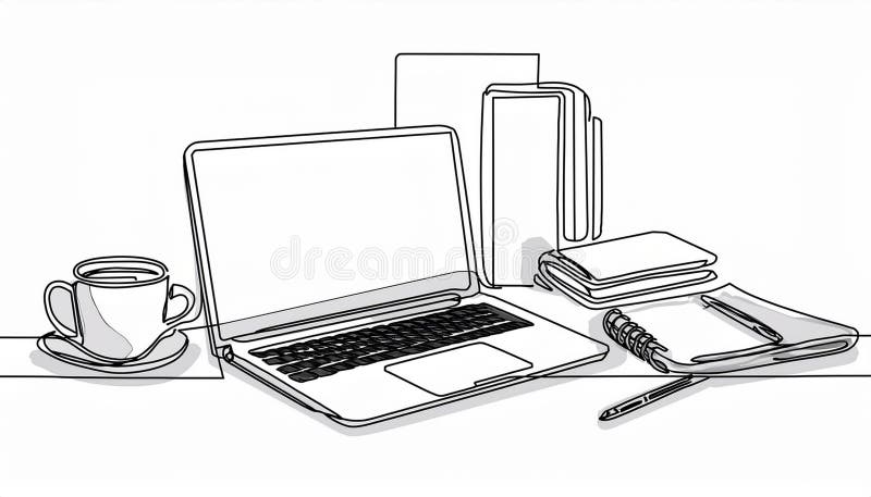 Continuous Line Drawing Laptop Computer Coffee Notepad - PNG Image with ...