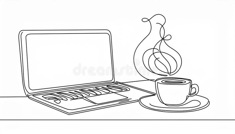 Continuous Line Drawing Laptop Computer Coffee Notepad - PNG Image with ...
