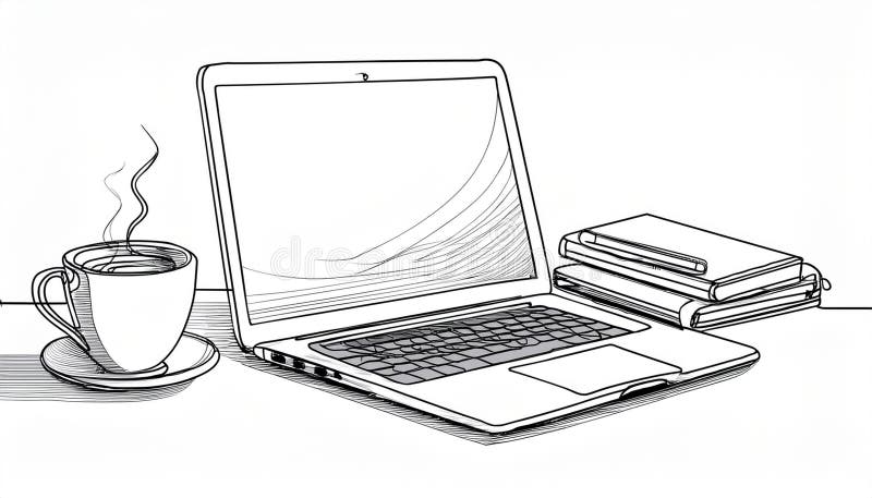 Continuous Line Drawing Laptop Computer Coffee Notepad - PNG Image with ...