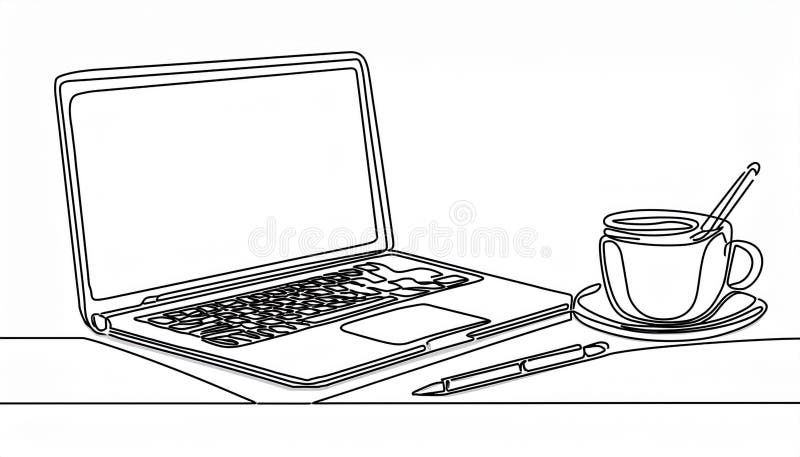 Continuous Line Drawing Laptop Computer Coffee Notepad - PNG Image with ...