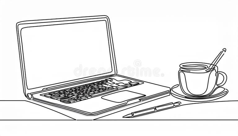 Continuous Line Drawing Laptop Computer Coffee Notepad - PNG Image with ...