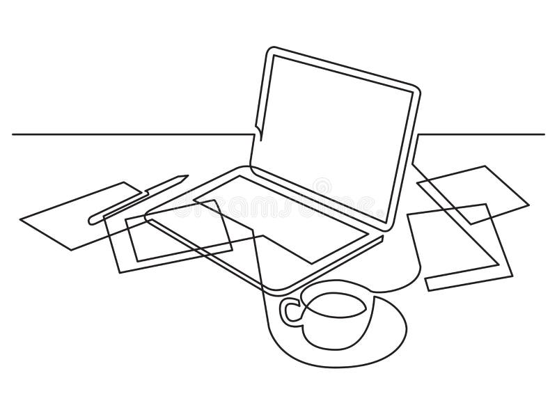 Continuous Line Drawing of Laptop Computer Papers and Cup of Tea Stock ...
