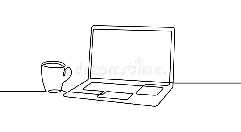 Continuous Line Drawing of a Laptop and a Cup of Coffee or Tea. Vector ...