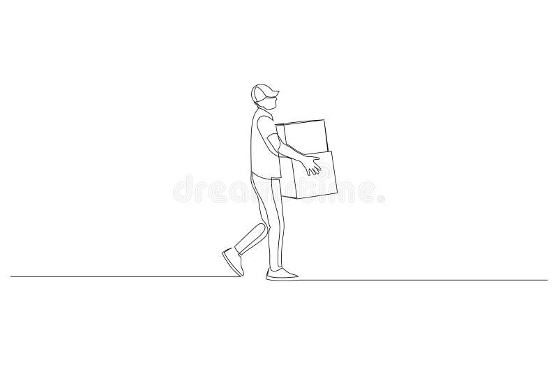 Continuous Line Drawing of Man Courier with Boxes in His Hands Wearing ...