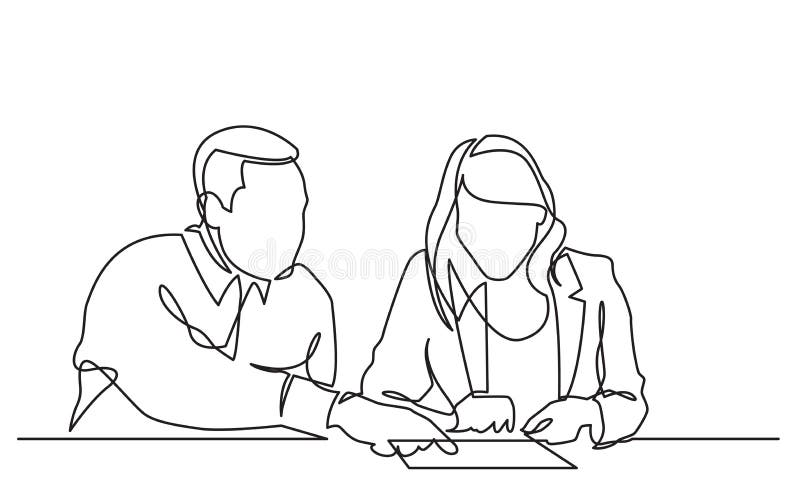 Continuous Line Drawing of Man Instructing Woman on Work Place Stock ...