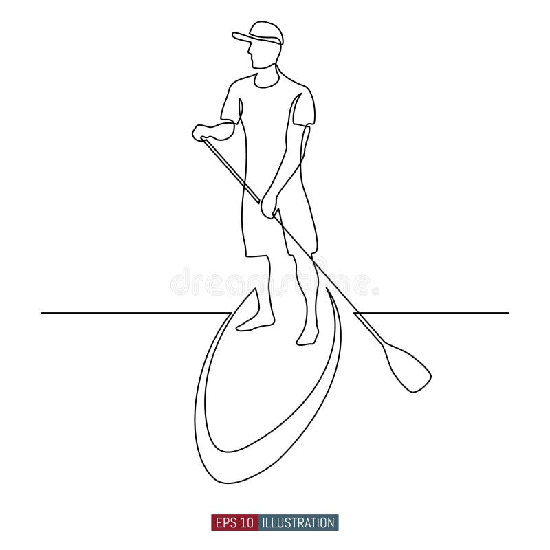 Continuous Line Drawing of Man on Puddleboard. SUP Boarding. Template ...