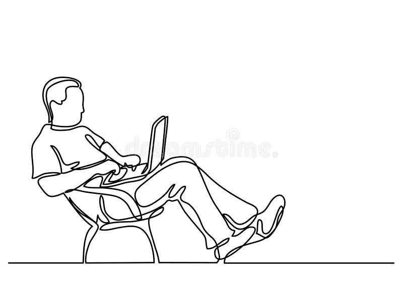 Continuous Line Drawing of Man Sitting Working on Laptop Compute Stock ...
