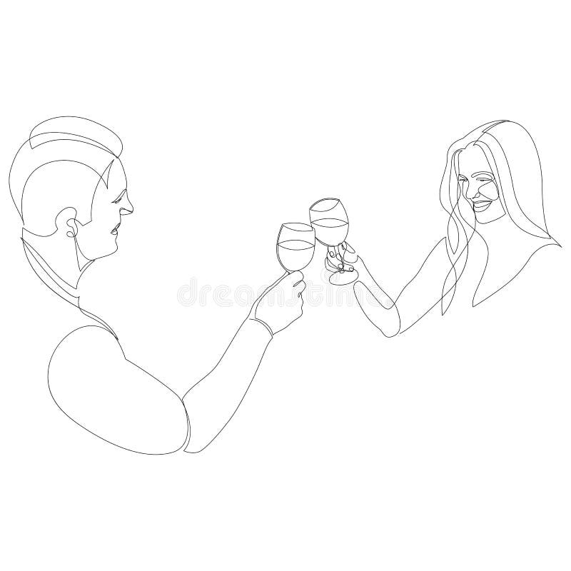 Continuous Line Drawing of Man and Woman Cheering with Glasses of Wine ...