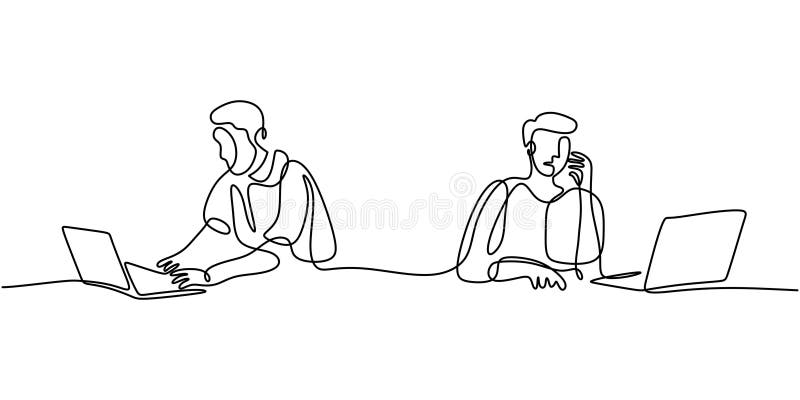 Continuous Line Drawing Man Woman Collaborating Laptops. Teamwork ...