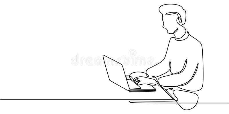 Continuous Line Drawing of Man Working at Desk with Laptop Minimalist ...
