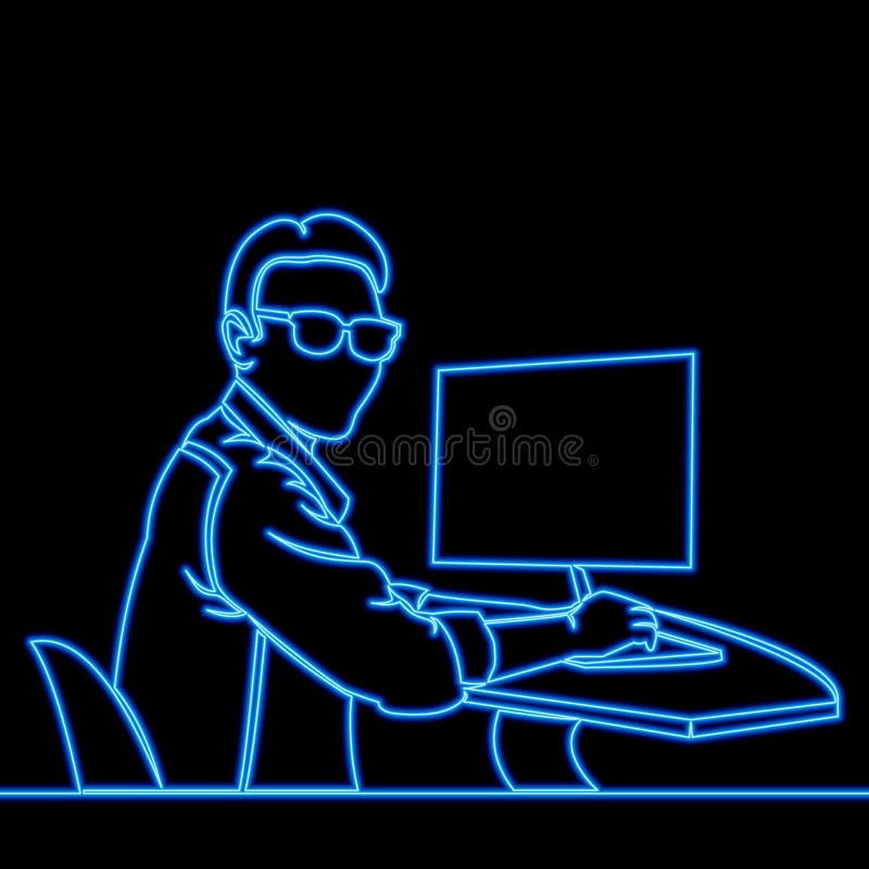 Continuous Line Drawing Man Works at the Computer Icon Neon Glow ...