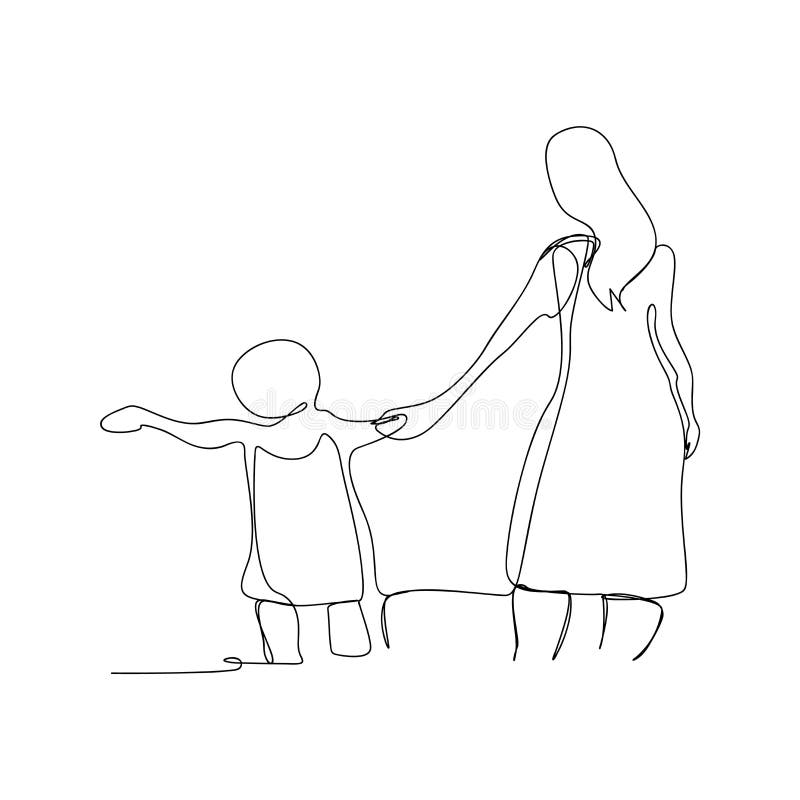 Continuous Line Drawing of Mother and Child Walking. Isolated Sketch ... Continuous Line Drawing of Mother and Child Walking. Isolated Sketch ...