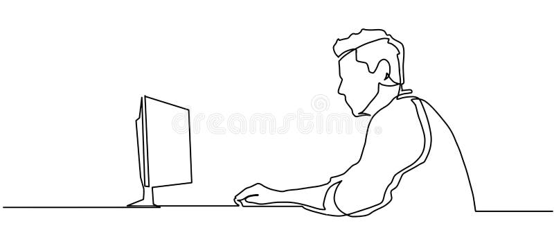 Continuous Line Drawing of an Office Worker Focused at a Computer ...