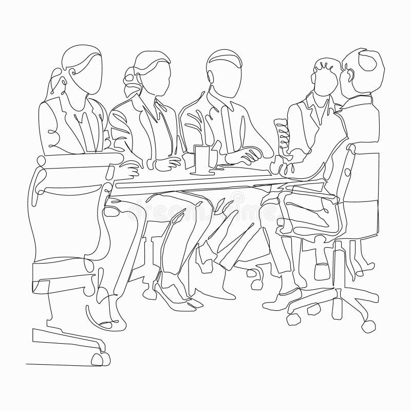 Continuous One Line Drawing of Office Workers at Meeting, Stock Vector ...