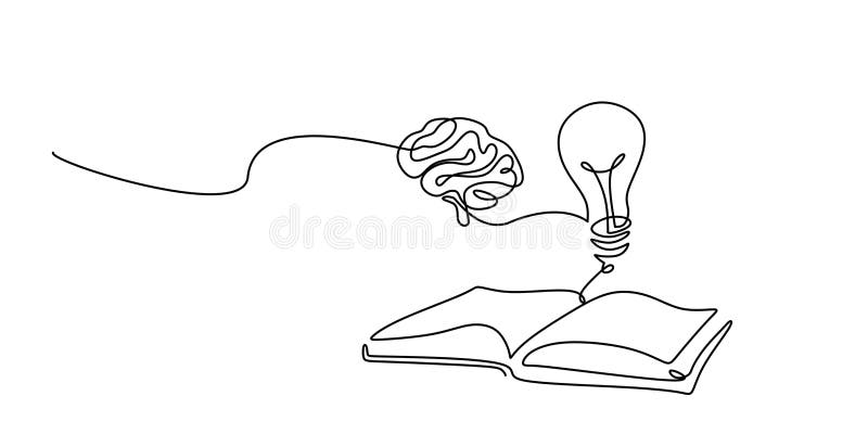 Continuous Line Drawing of Open Book Brain and Light Bulb for Education ...