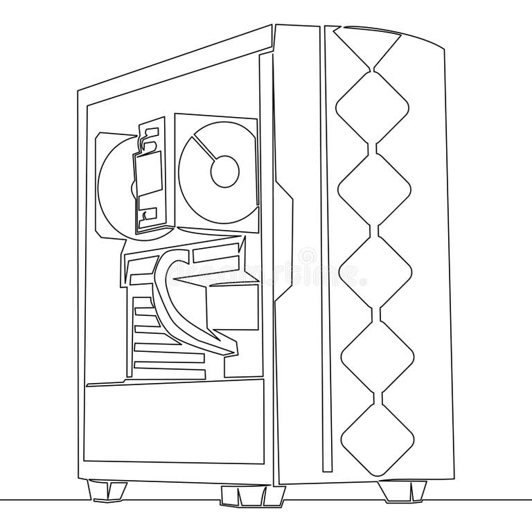 Continuous Line Drawing Open Case of Modern Gaming PC with Visible ...