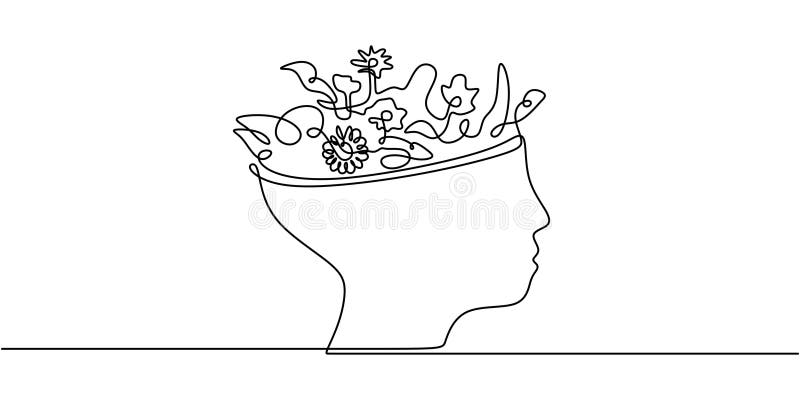 Continuous Line Drawing of Open Head with Flowers Growing Inside ...