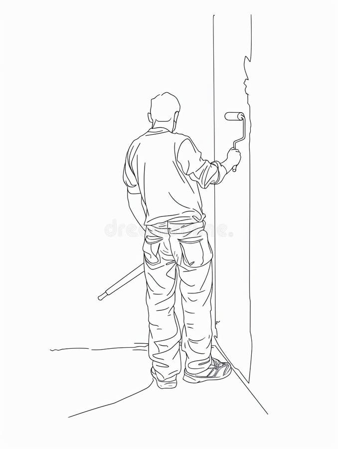 A Continuous Line Drawing of a Painter Holding a Paint Roller and ...