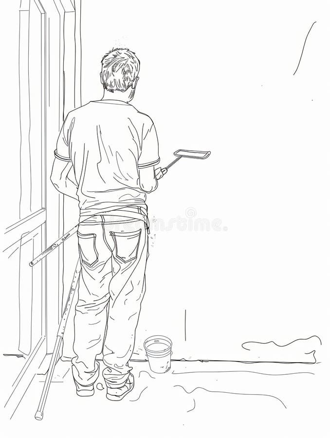 A Continuous Line Drawing of a Painter Standing in a Room, Holding a ...