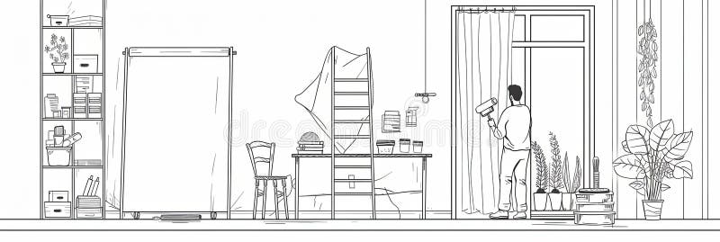 Continuous Line Drawing of a Painter Using a Roller To Paint a Wall in ...