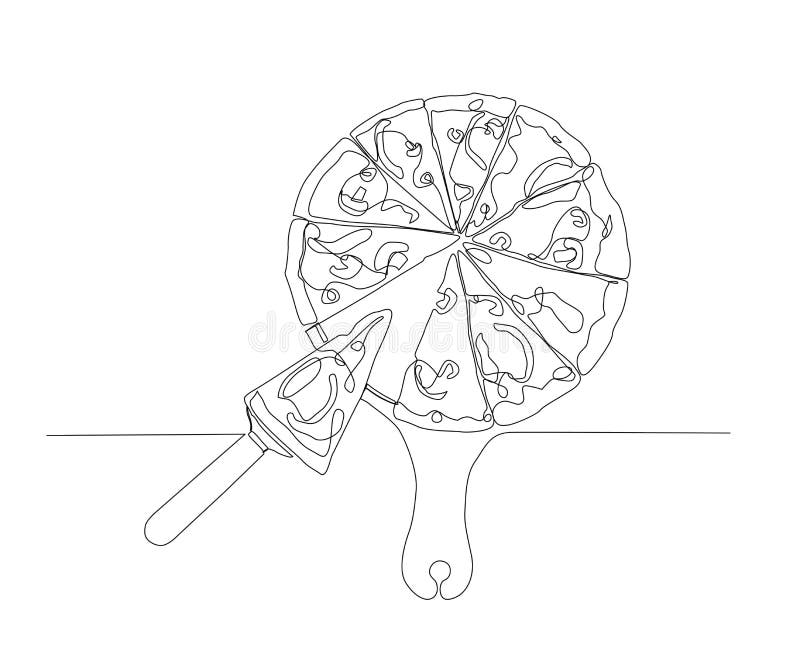 Continuous Line Drawing of Pepperoni Pizza on Wooden Board. Pizza ...