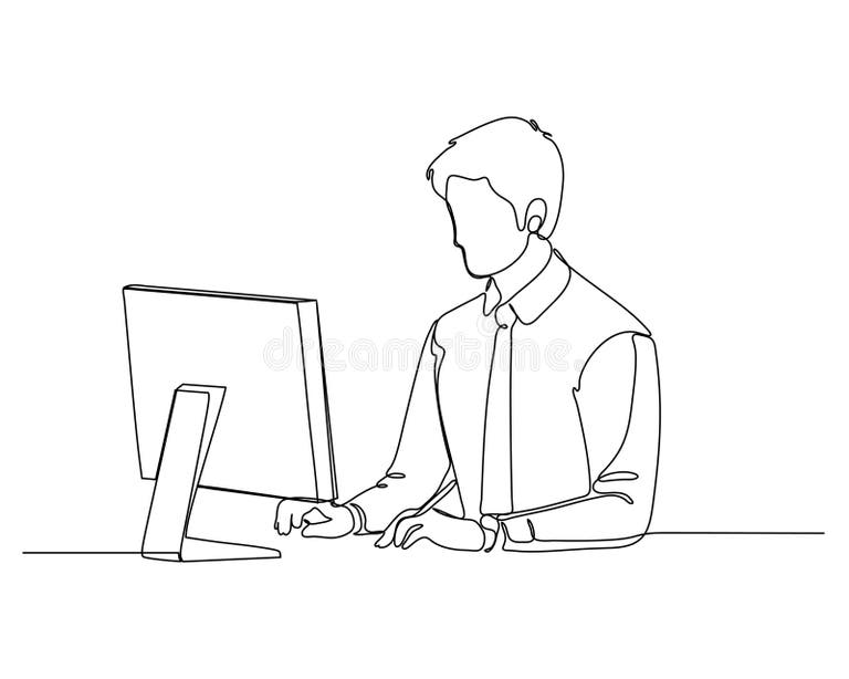 A Continuous Line Drawing of a Person Sitting at a Desk, Using a ...