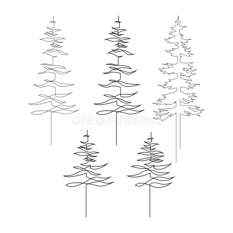Continuous Line Drawing of Pine. Fir-tree Collection. Black Isolated on ...