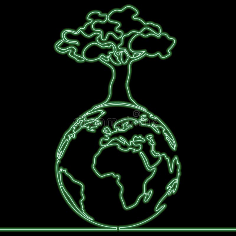 Continuous Line Drawing Planet Earth and Tree Neon Concept Stock Vector ...