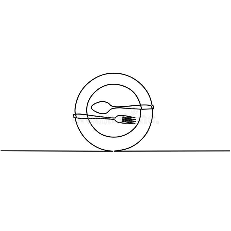 Continuous Line Drawing of Plate with Spoon and Fork, Object One Line ...