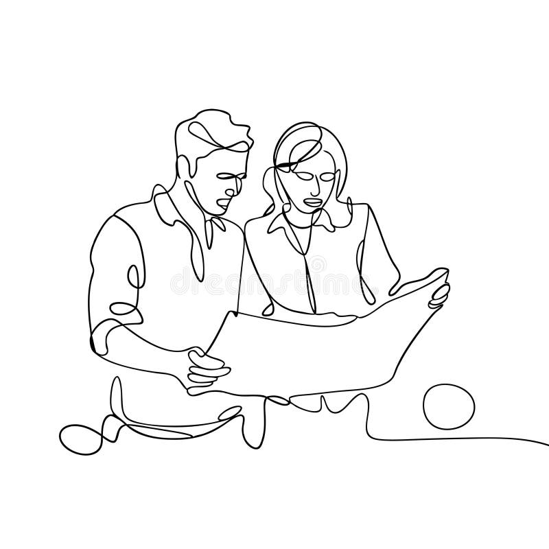Continuous Line Drawing of Professionals Collaborating on Blueprints ...
