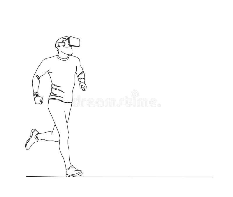Continuous Line Drawing of Running Man Wearing Virtual Reality. Single ...
