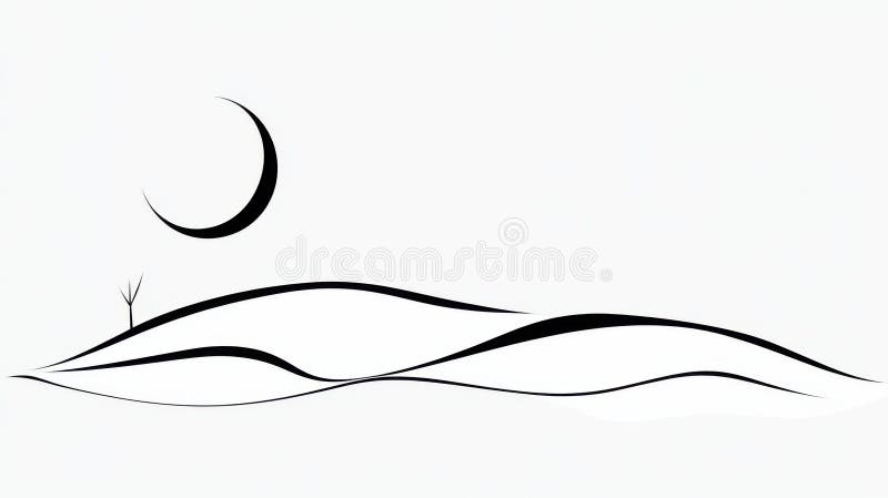Minimalist Line Art Illustration of Serene Landscape with Crescent Moon ...
