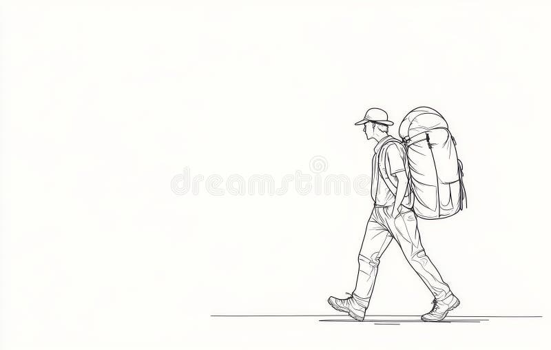 A Continuous Line Drawing Showing a Man Trekking with a Backpack Stock ...