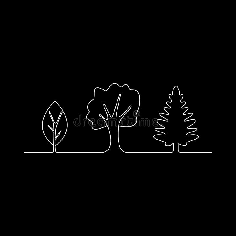 Continuous Line Drawing Silhouette Outline of White Trees on Black ...