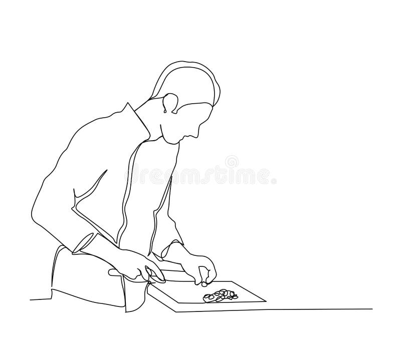 Continuous Line Drawing of Slice of Chef Chopping Vegetable Vector ...