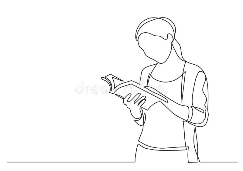 Continuous Line Drawing of Standing Woman Reading Book Stock ...