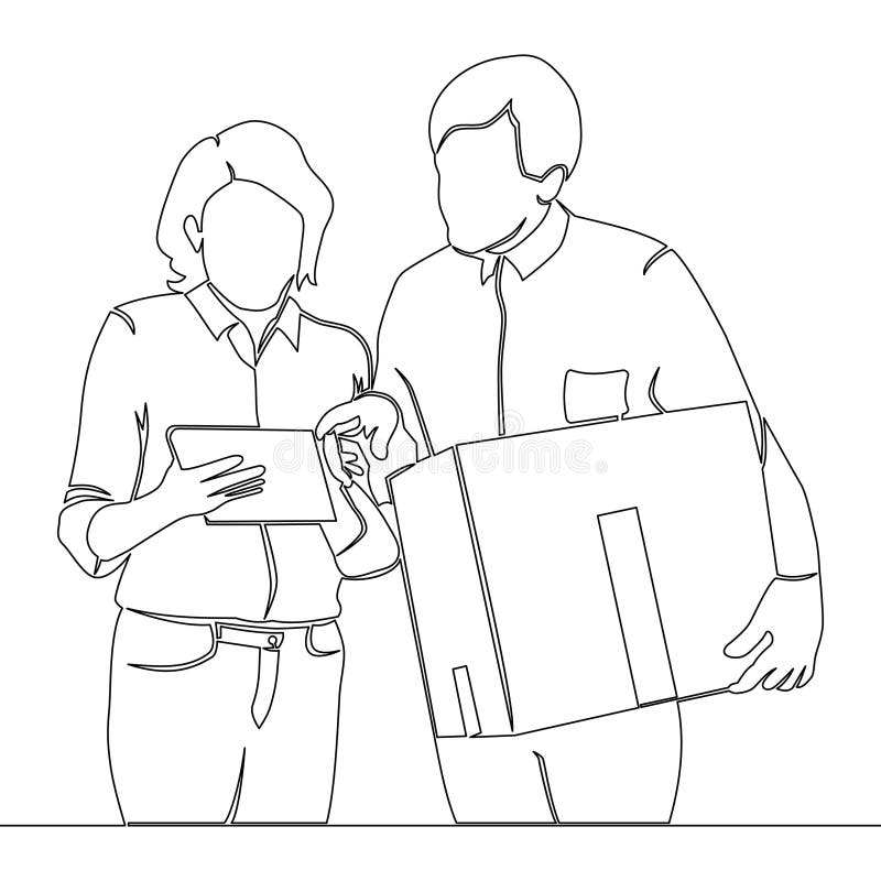 Continuous Line Drawing Storehouse Workers Keeping Records of Boxes ...