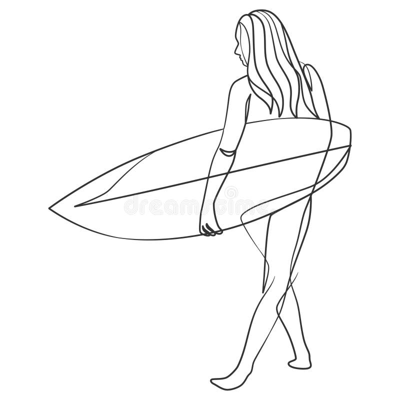 Continuous Line Drawing of a Surfer Girl with a Surfboard Stock Vector ...