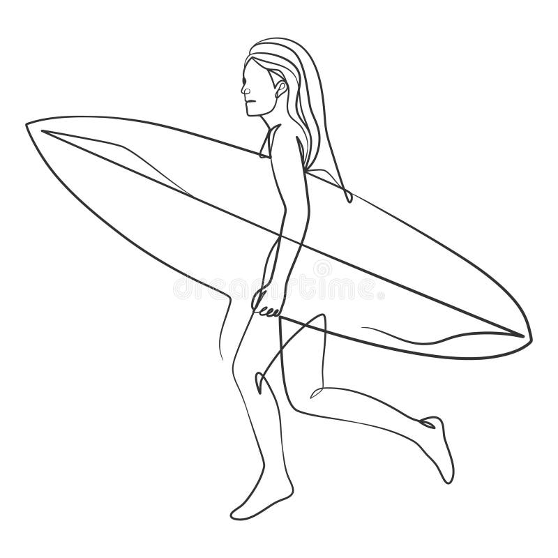 Continuous Line Drawing of a Surfer Girl with a Surfboard Stock Vector ...