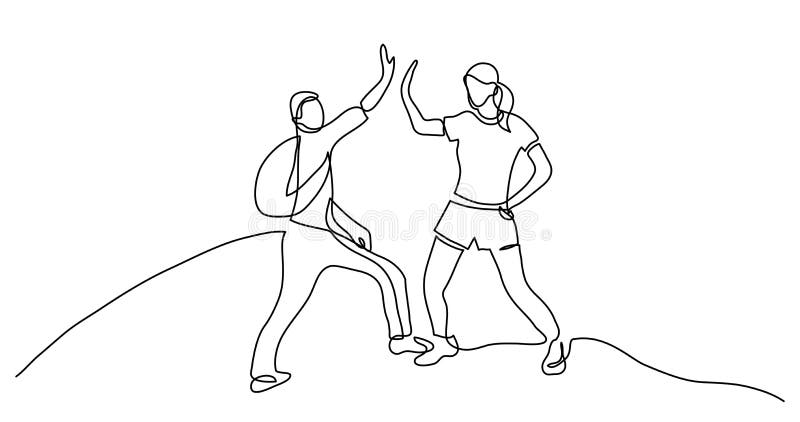 Continuous Line Drawing of Two Cheerful Young Campers Giving High Five ...