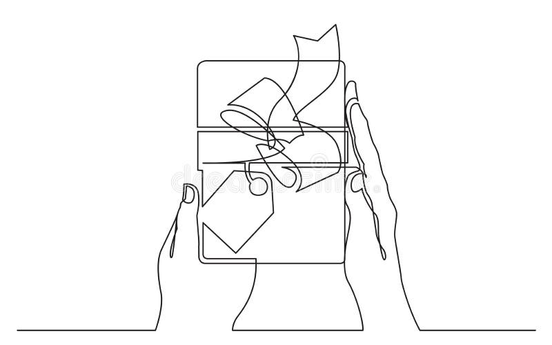 Continuous Line Drawing of Two Hands Holding Gift Box with Ribbon and ...
